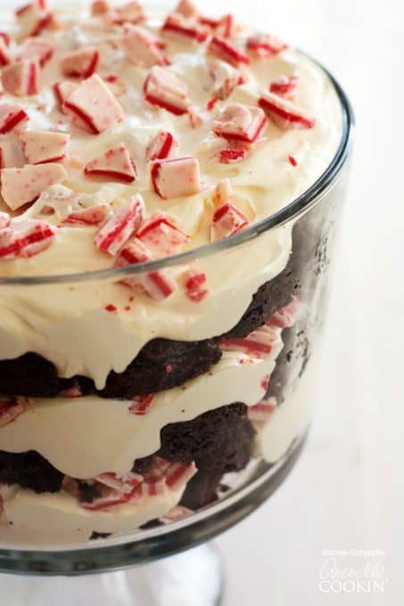 Chocolate Peppermint Trifle: layers of pudding, brownies, and candy canes