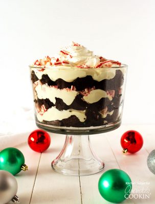 Chocolate Peppermint Trifle: layers of pudding, brownies, and candy canes