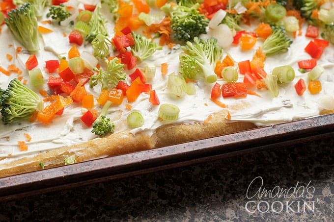 Appetizer Veggie Pizza: crescent dough crust, cream cheese, veggies