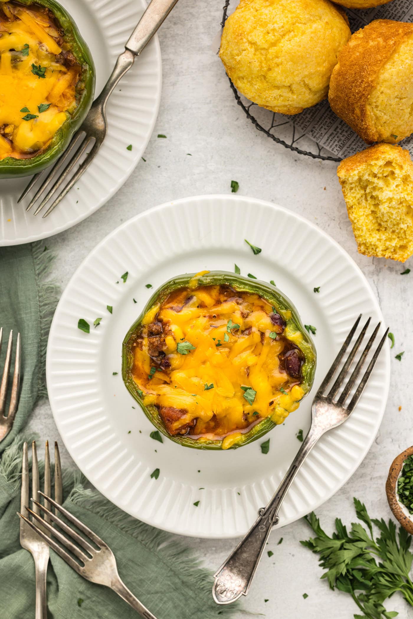 Chili and Cornbread Stuffed Peppers - Amanda's Cookin' - Ground Beef