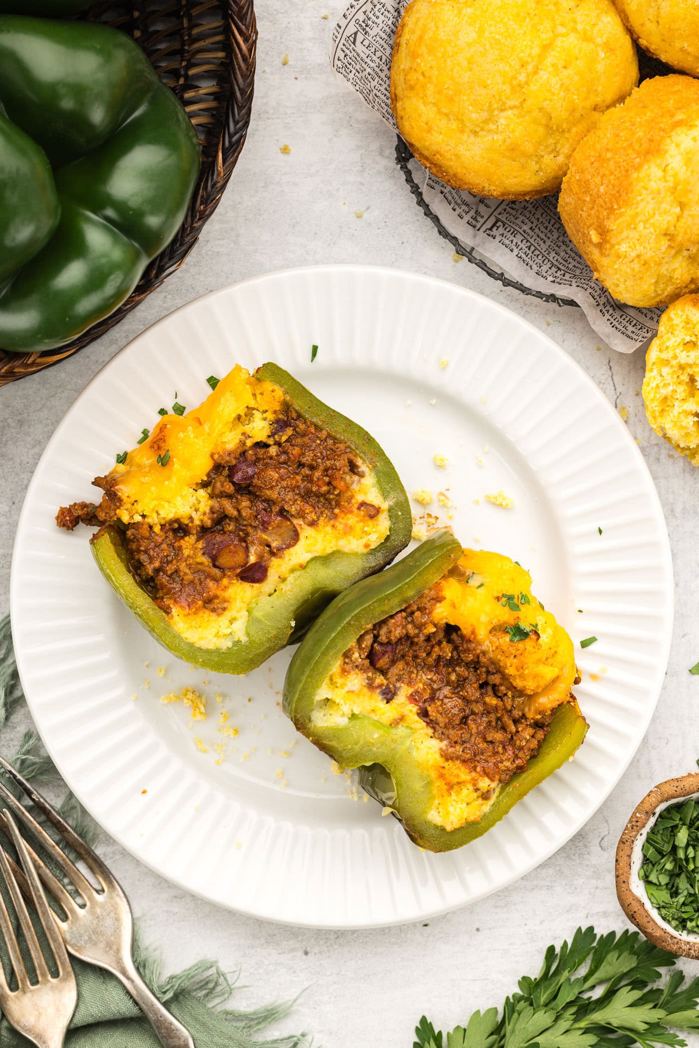 Chili and Cornbread Stuffed Peppers - Amanda's Cookin' - Ground Beef